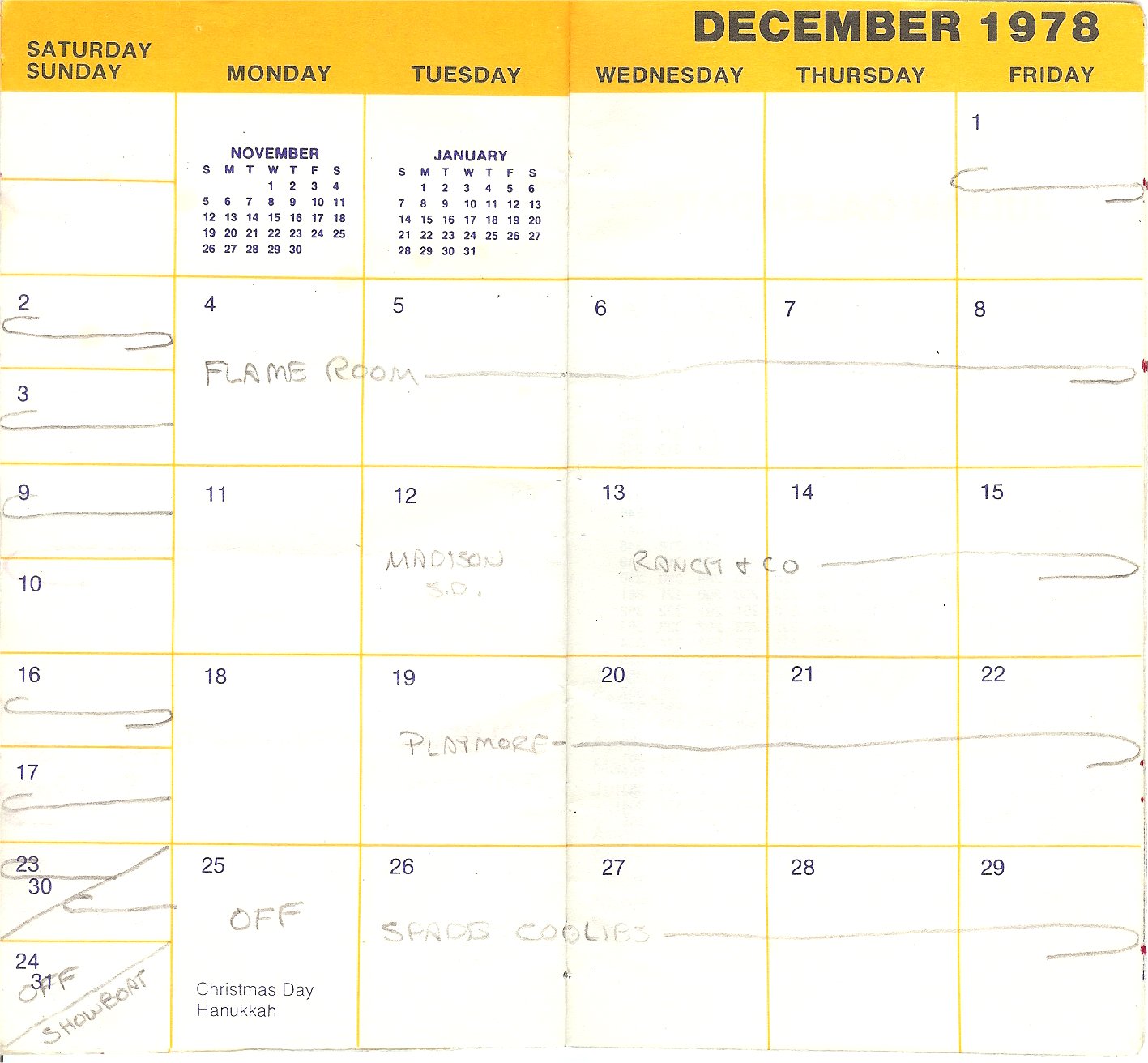 From the Silver Laughter Booking Calendar for December, 1978 – THE SILVERS